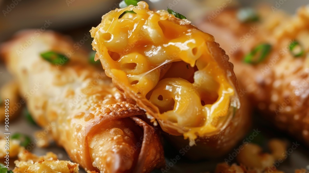 Delicious mac and cheese spring rolls are served golden and crispy on a ...