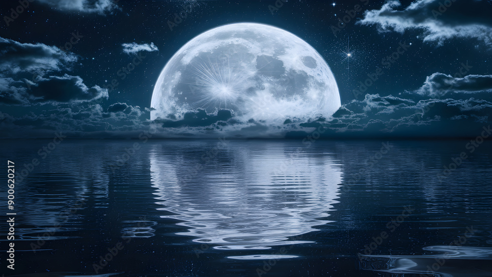 Night sky with blue moon in the clouds over the calm blue sea ...