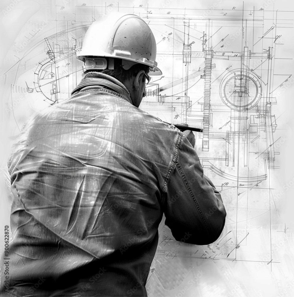 a pencil sketch that, engineers, checking the of bulding materials ...