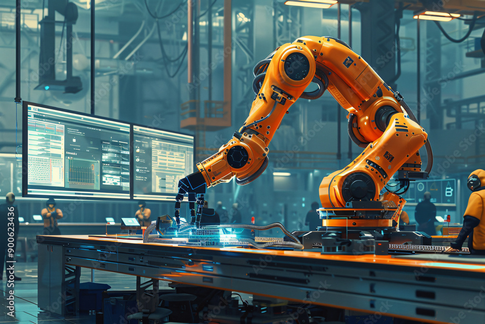 Advanced Industrial Automation: A High-Tech Robot Arm Precisely Assembling Components in a ...