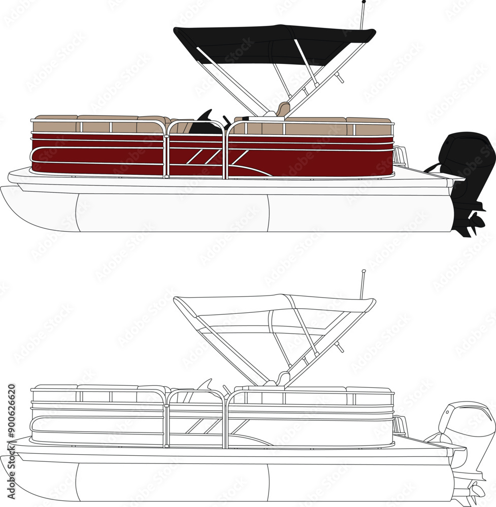 Pontoon boat vector, boat vector, motorboat vector, line art ...