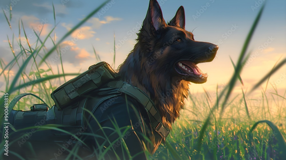 Military working dog wearing uniform and bulletproof vest . Dog guards ...