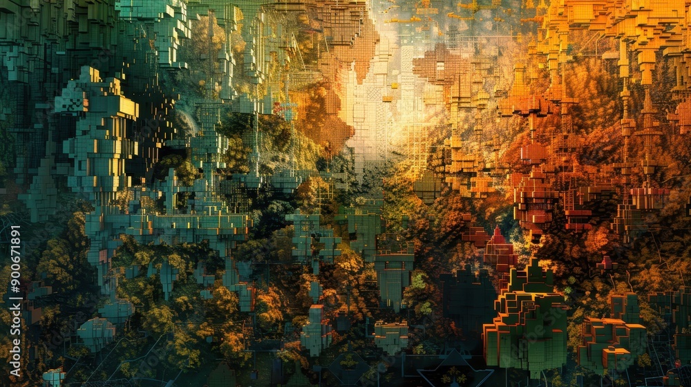 Digital artwork featuring a pixelated, abstract landscape with a blend ...