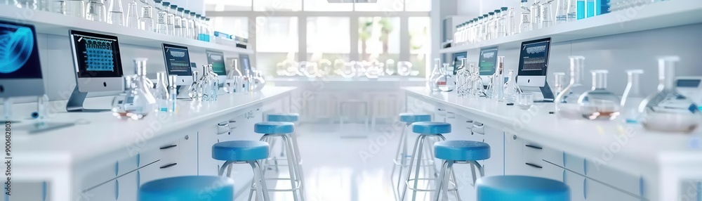 Modern biotech lab with real-time DNA sequencing displays, Laboratory ...