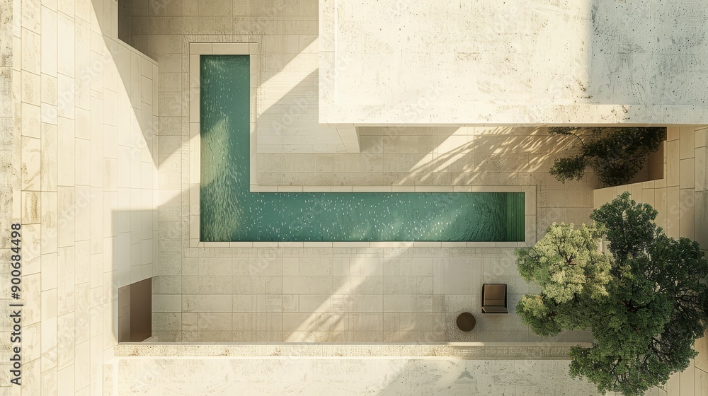 An aerial view of a modern L-shaped pool nestled within a minimalist ...