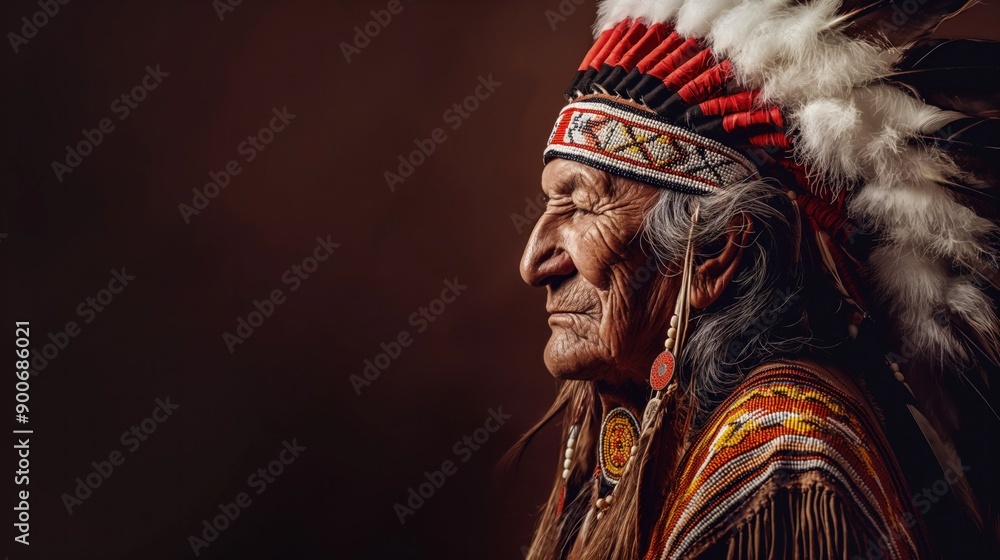 Serene portrait of a Native American elder, wearing traditional ...