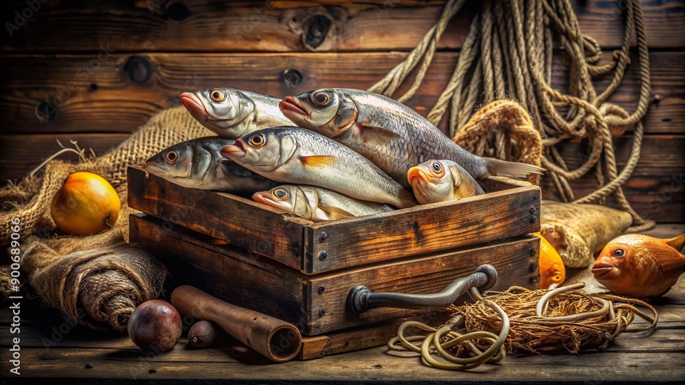 A rustic, worn, wooden crate overflows with freshly caught old ...