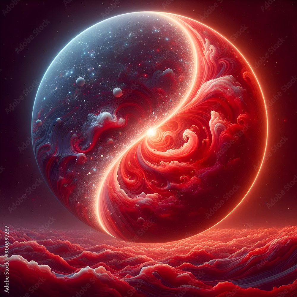 Half a Red Moon, with a galaxy forming inside it. Red Moon, with a ...