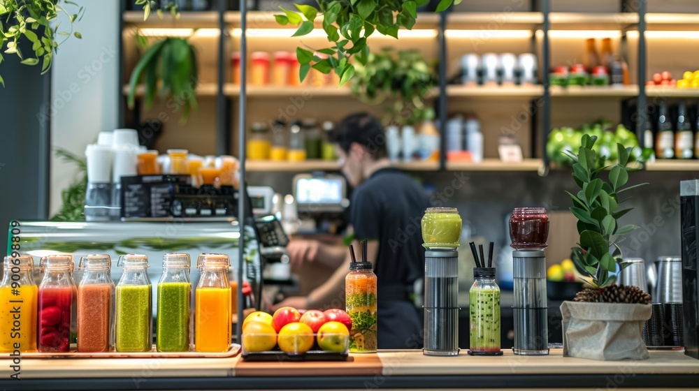 Modern Café with Colorful Fresh Juices and a Barista Preparing Drinks ...