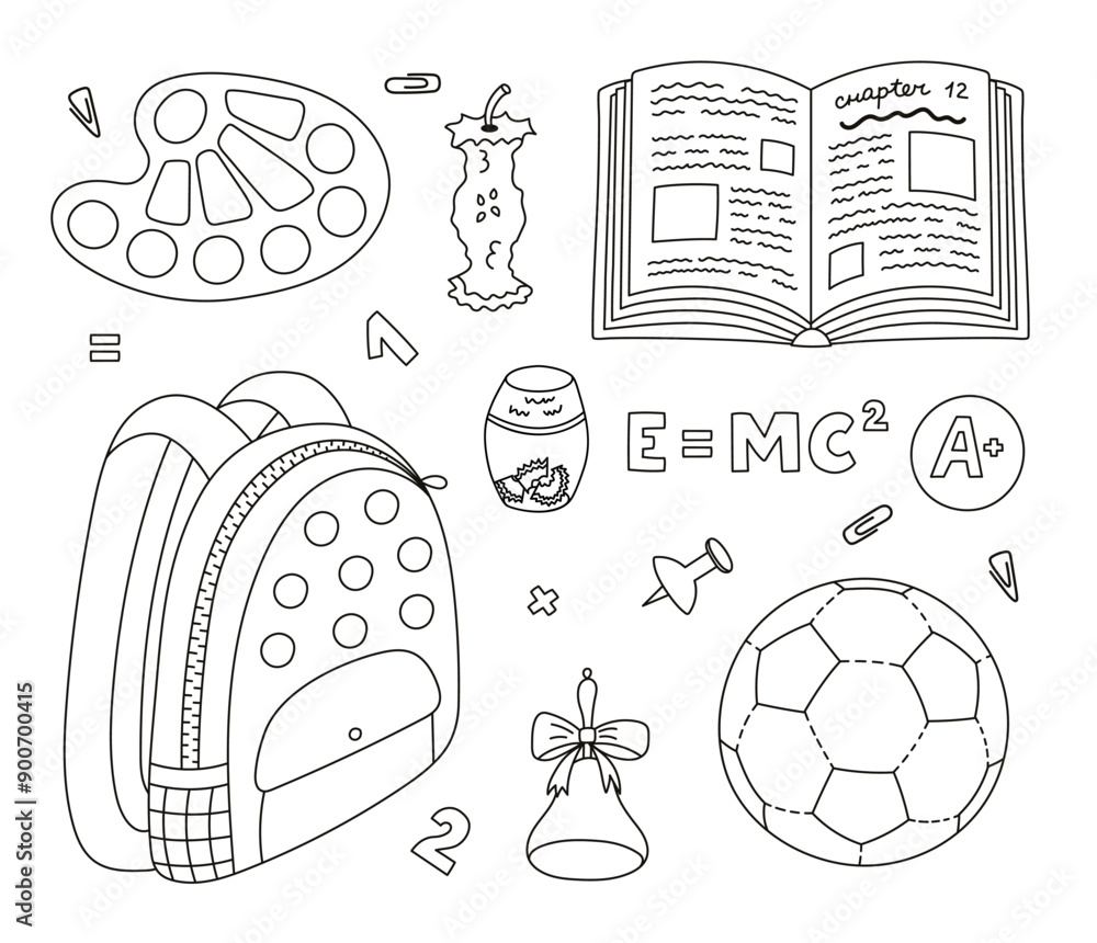 Cute doodle set with kids school supplies. Hand drawn collection of ...