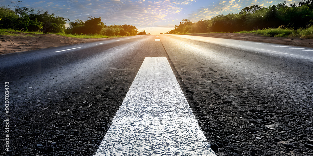 Straight asphalt road stretches ahead with a crisp white arrow pointing ...