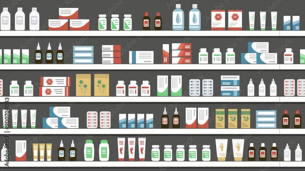 Pharmacy Animation. Moving Shelves with Medicines. Seamless Looping ...