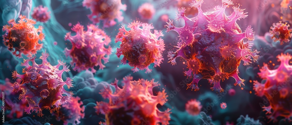 Vibrant neon-colored pathogens against a dark background for a bold and ...