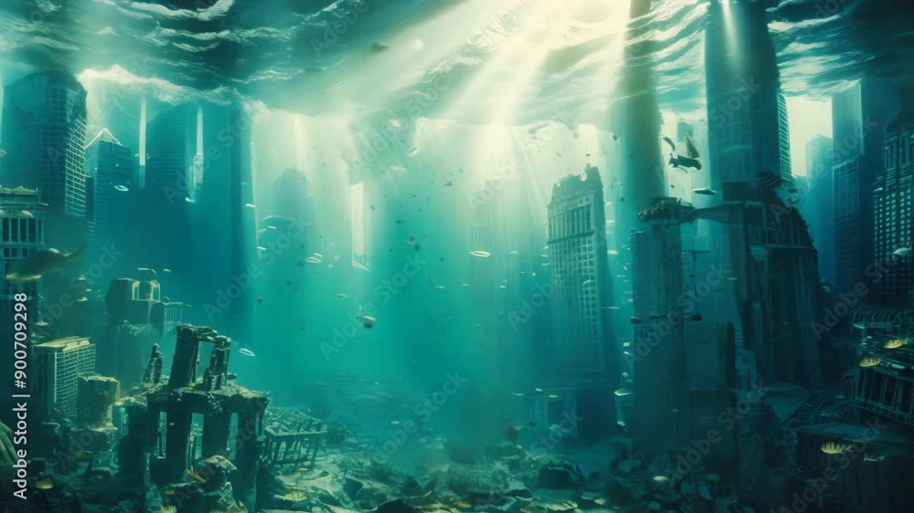 Sunken futuristic city with skyscrapers and fish swimming around ...