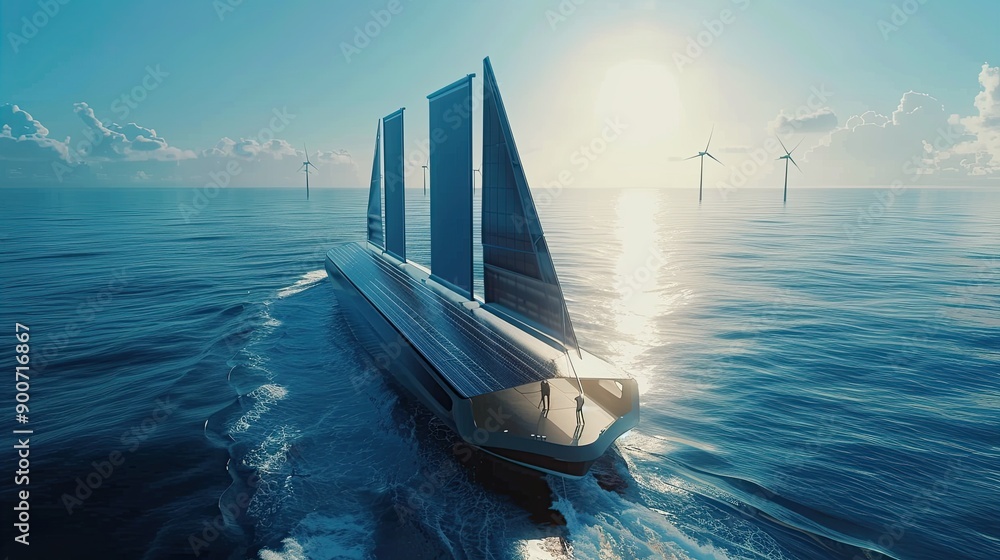A futuristic cargo ship with solar panels and wind turbines, navigating ...