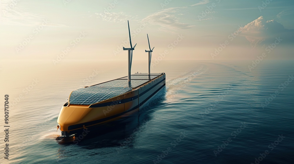 A futuristic cargo ship with solar panels and wind turbines, navigating ...