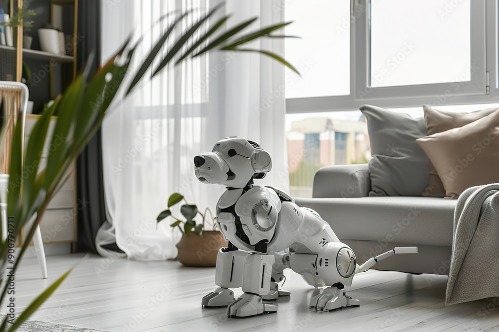 Modern robotic pet showcased in a stylish home setting. Robot dog ...