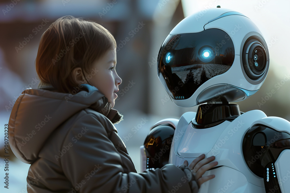 Child in a winter jacket and a futuristic robotic nanny outdoors. This ...