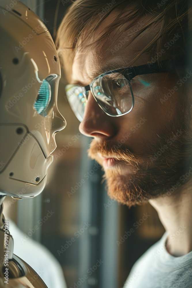 Man and humanoid robot face-to-face, human-robot interaction. Perfect ...