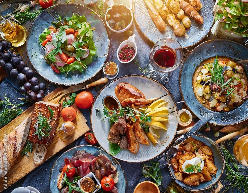 Full table of delicious Dinner party table European foods and drinks ...
