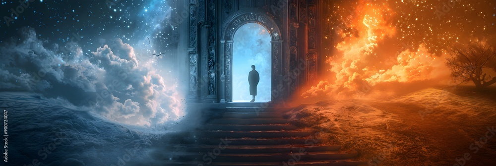 Heaven paradise and fiery hell gates choice. Door to heaven and hell ...