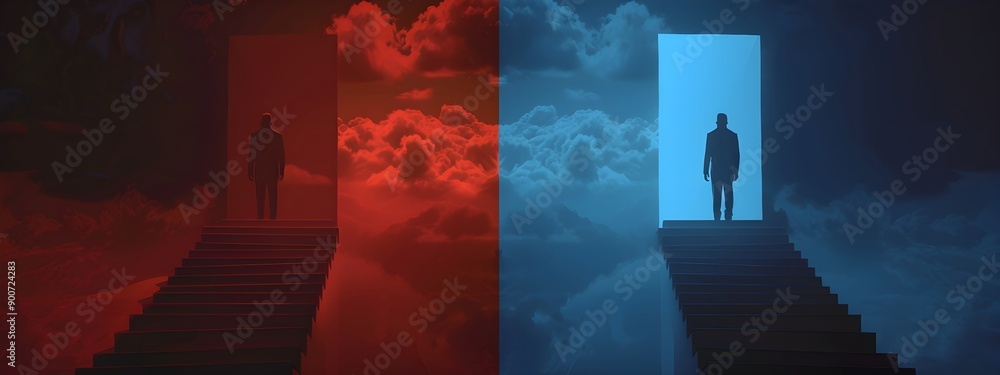 Heaven paradise and fiery hell gates choice. Door to heaven and hell ...