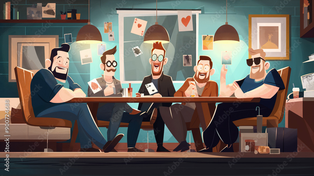 Animated characters sitting around a table playing cards in a cozy room ...