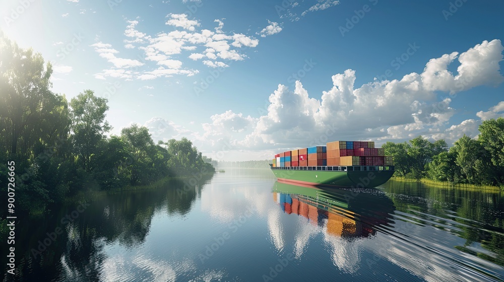 A serene river with a cargo ship navigating through it, loaded with ...
