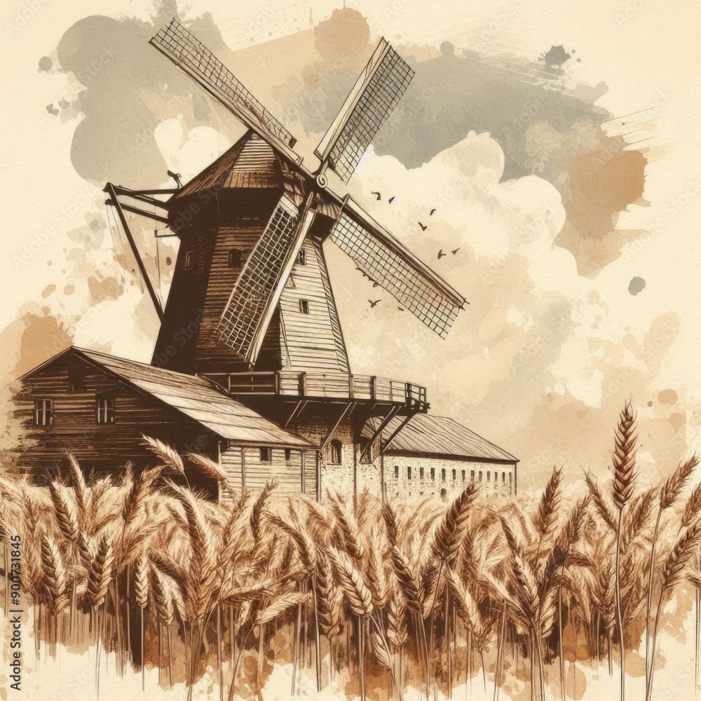 Hand drawing, line art, vintage line drawing, mill, farm, engraving ...