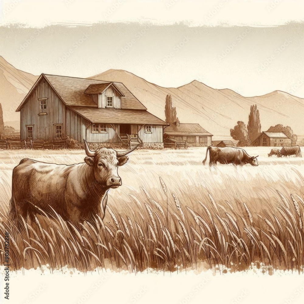 Hand drawing, line art, vintage line drawing, mill, farm, engraving ...