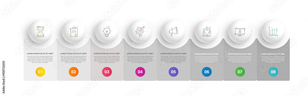 Modern vector infographics design template. Concept with eight steps, labels. Creative timeline ...