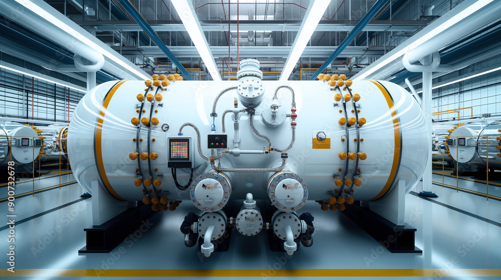 Large cylindrical pressure vessel in a modern industrial facility with ...