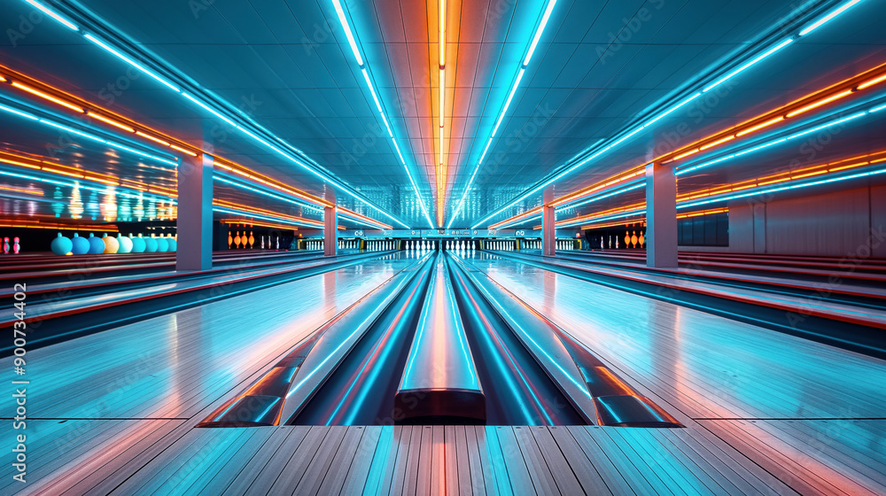 Modern bowling alley with illuminated lanes and blue and orange neon ...