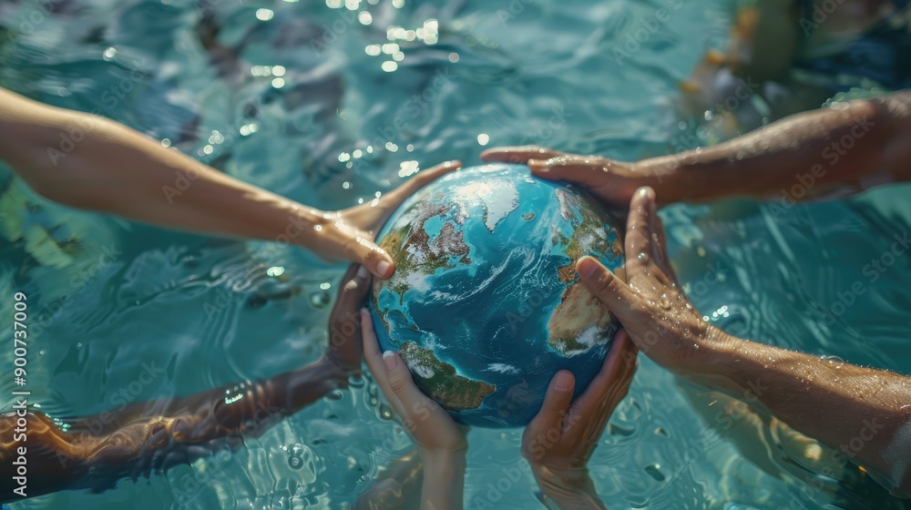 Group of People Holding Hands Around a Globe Submerged in Water ...