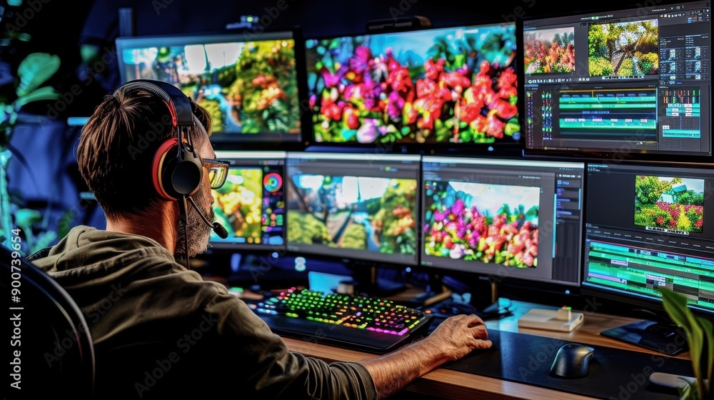 Person working on video editing with multiple monitors displaying ...