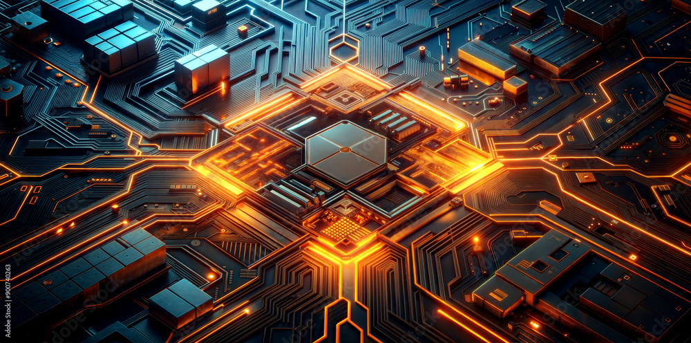 glowing orange computer board in dark background with processor close ...