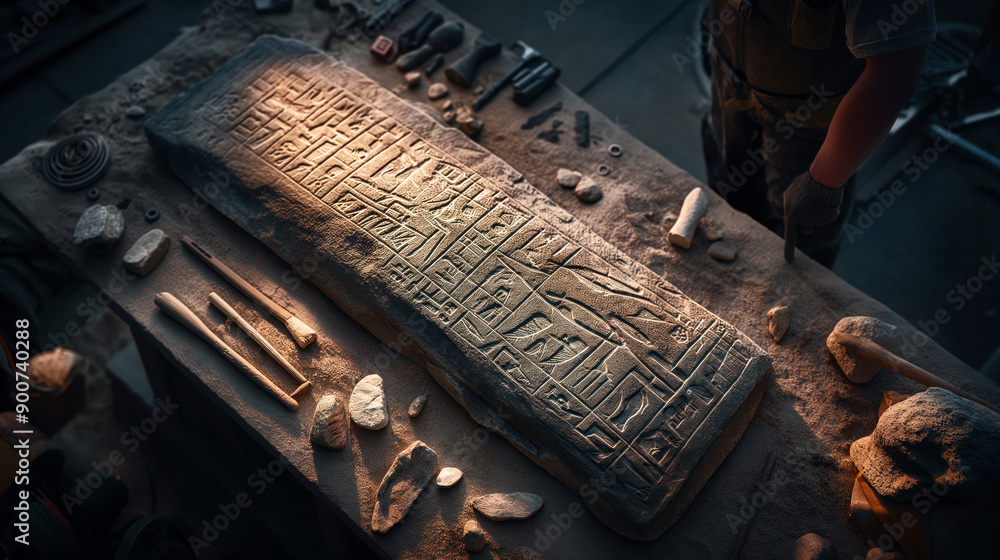 Ancient stone slab with hieroglyphics and carvings on a sandy workbench ...