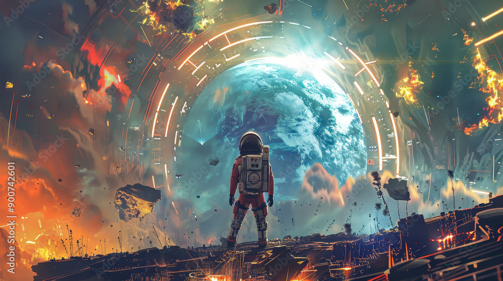 Astronaut Facing Futuristic Portal to Earth, Sci-Fi Scene in Space with Cosmic Elements and ...