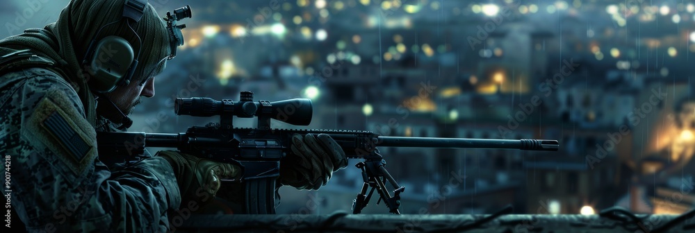 Banner featuring a sniper shooter armed with assault rifle and a zoom ...