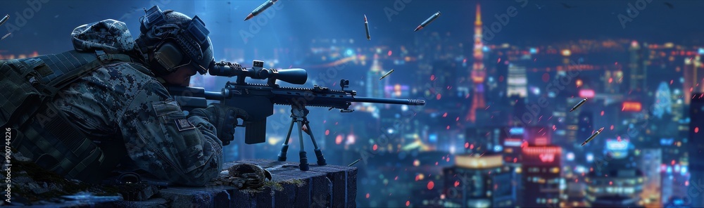 Banner featuring a sniper shooter armed with assault rifle and a zoom ...