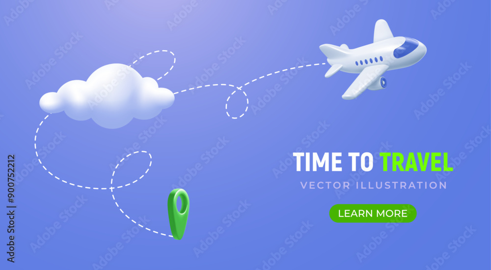 Time to travel conceptual banner template with 3d realistic white plane ...