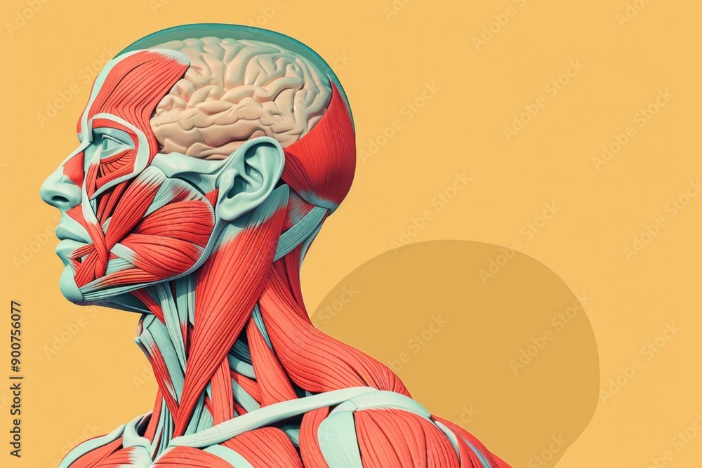 A vector illustration of a muscular model in profile, highlighting ...