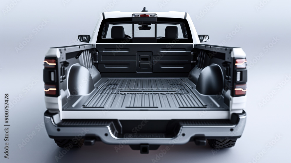 Rear view of an empty pickup truck bed with the tailgate down. The ...