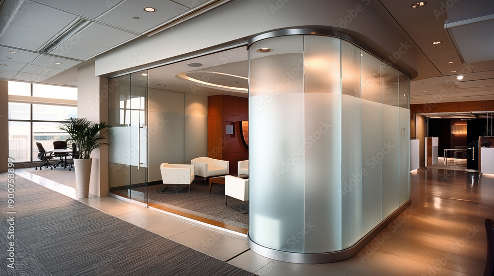 Modern office interior with frosted glass partitions, white armchairs ...