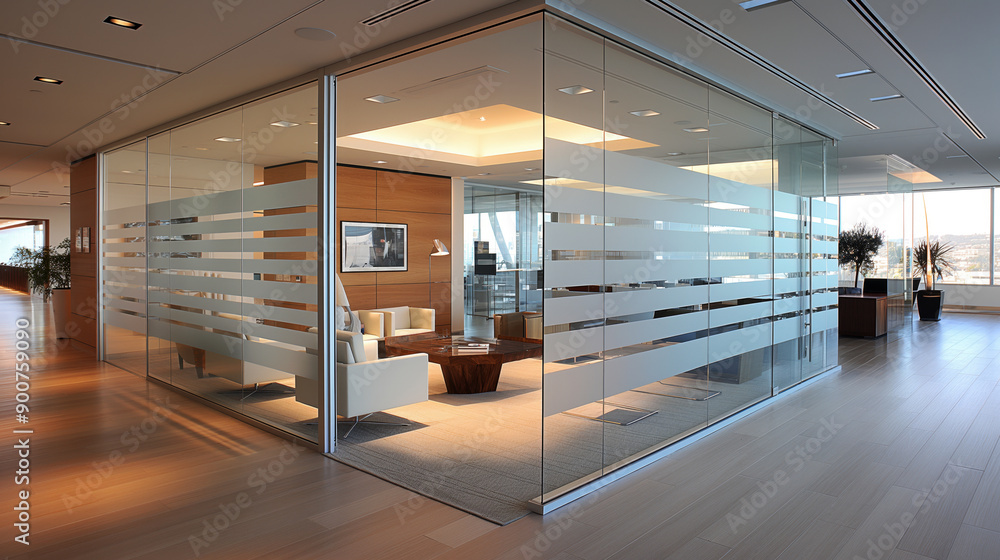 Modern office interior featuring a glass-walled conference room with ...