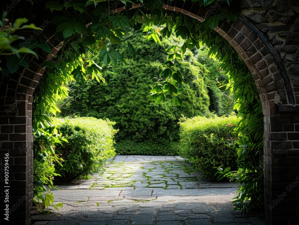 A stone archway with a lush green bush on either side. The archway is ...