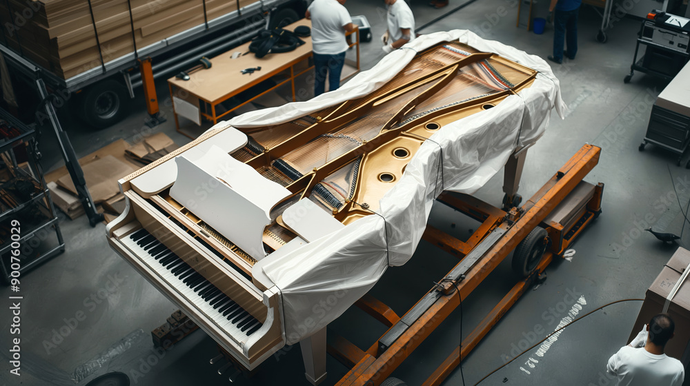 Grand piano undergoing assembly or maintenance in an industrial ...