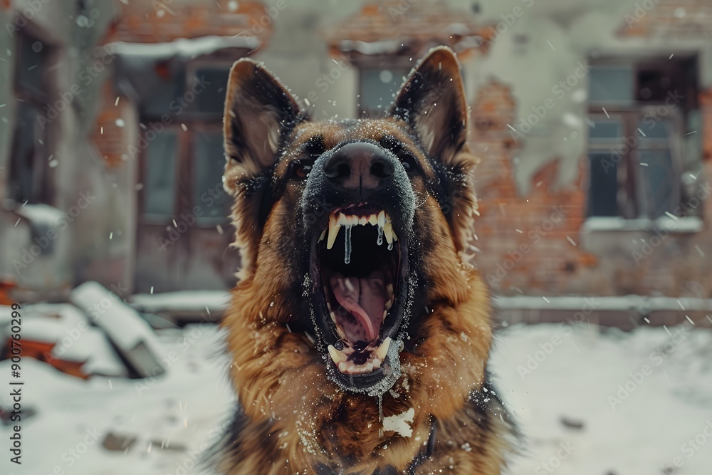 Aggressive dog get angry and bares his teeth. Dog shows dangerous teeth ...