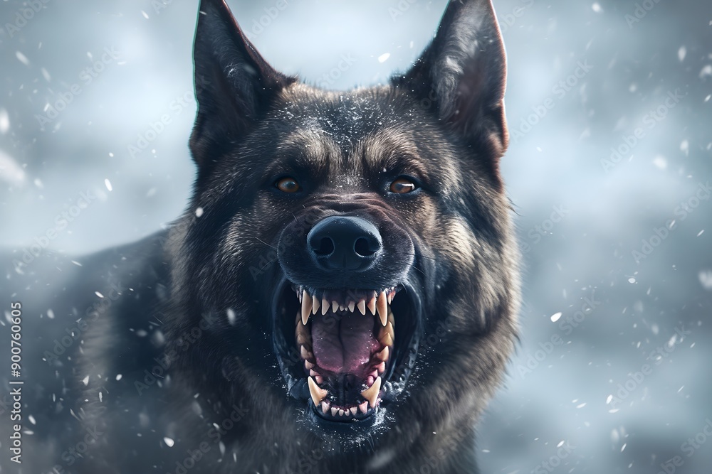 Aggressive dog get angry and bares his teeth. Dog shows dangerous teeth ...