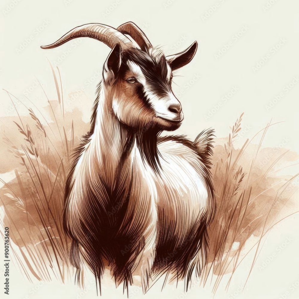 Goat on the meadow, Hand drawing, line art, vintage line drawing cow ...